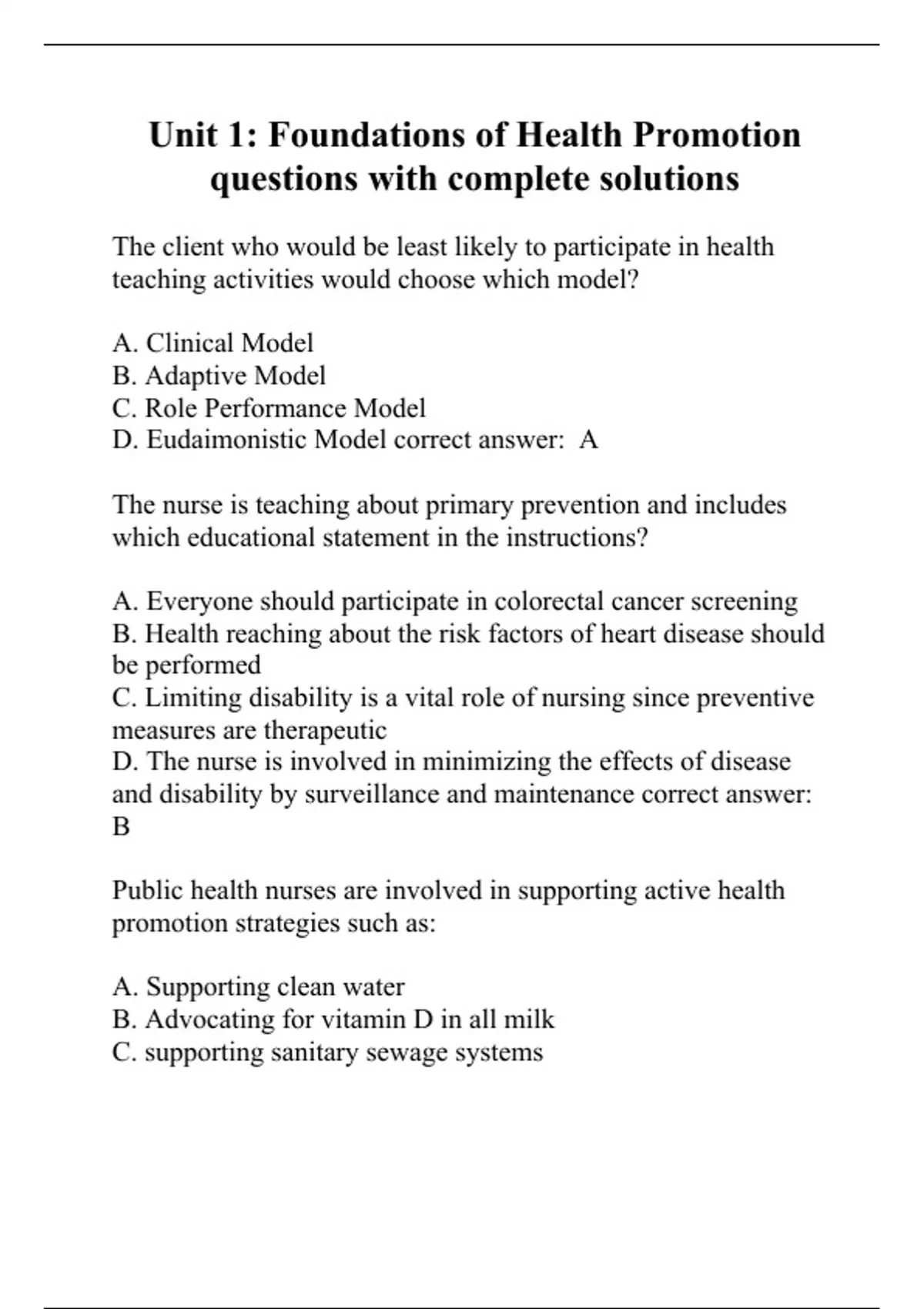 Unit 1: Foundations of Health Promotion questions with complete ...