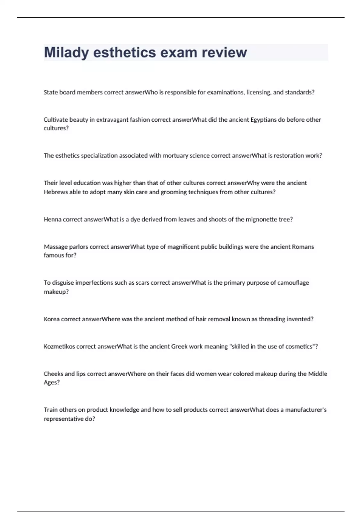 Milady esthetics exam review 2023 with 100% correct answers - Milady ...