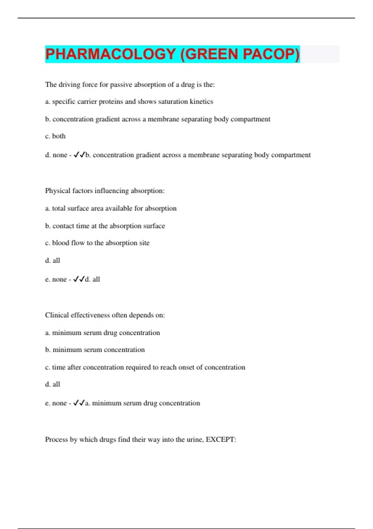 PHARMACOLOGY (GREEN PACOP) | 300 Questions with 100% Correct Answers ...