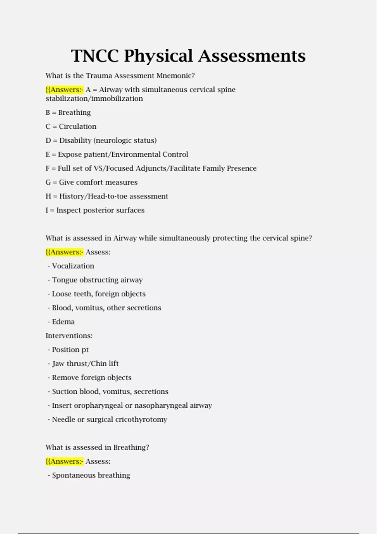 Complete TNCC (ALL TNCC EXAMS/TEST AND STUDY) Questions All Answered ...