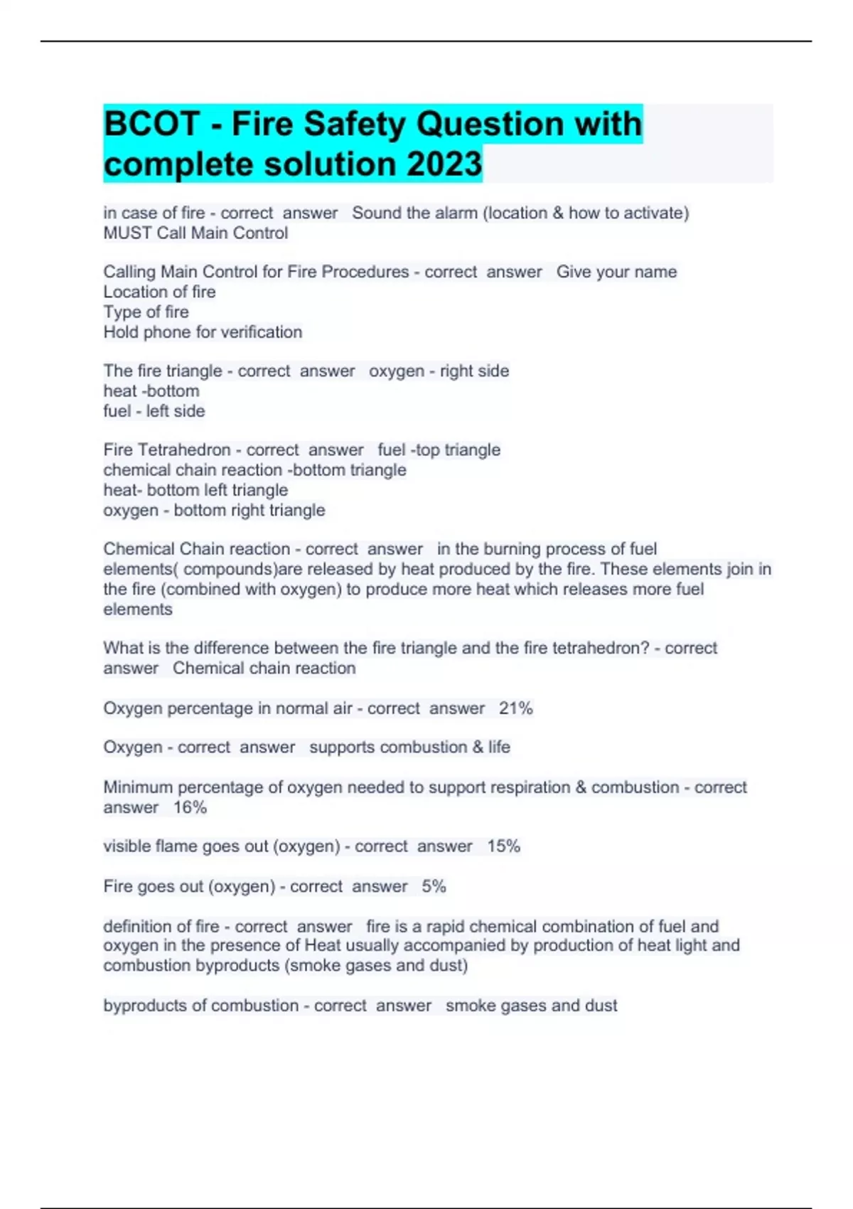 BCOT - Fire Safety Question with complete solution 2023 - BCOT - Fire ...