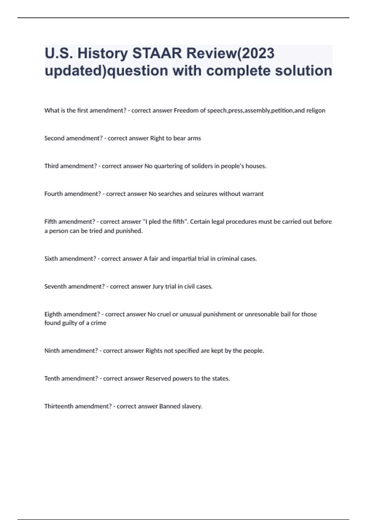 U.S. History STAAR Review(2023 updated)question with complete solution ...
