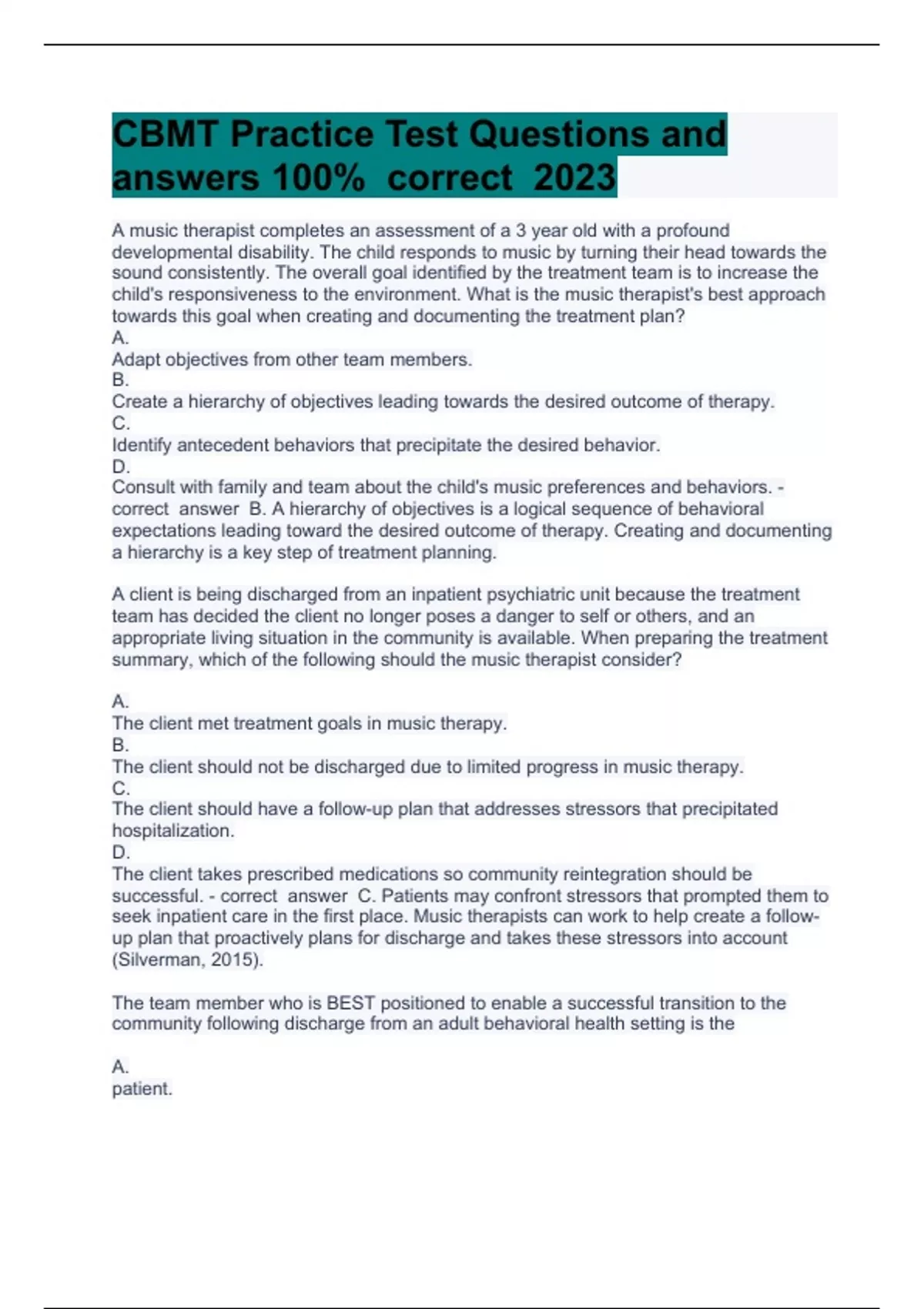 CBMT Practice Test Questions and answers 100% correct 2023 - CBMT ...