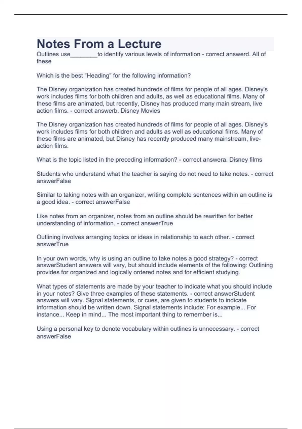 Notes From a Lecture 2023 with 100% correct questions and answers ...