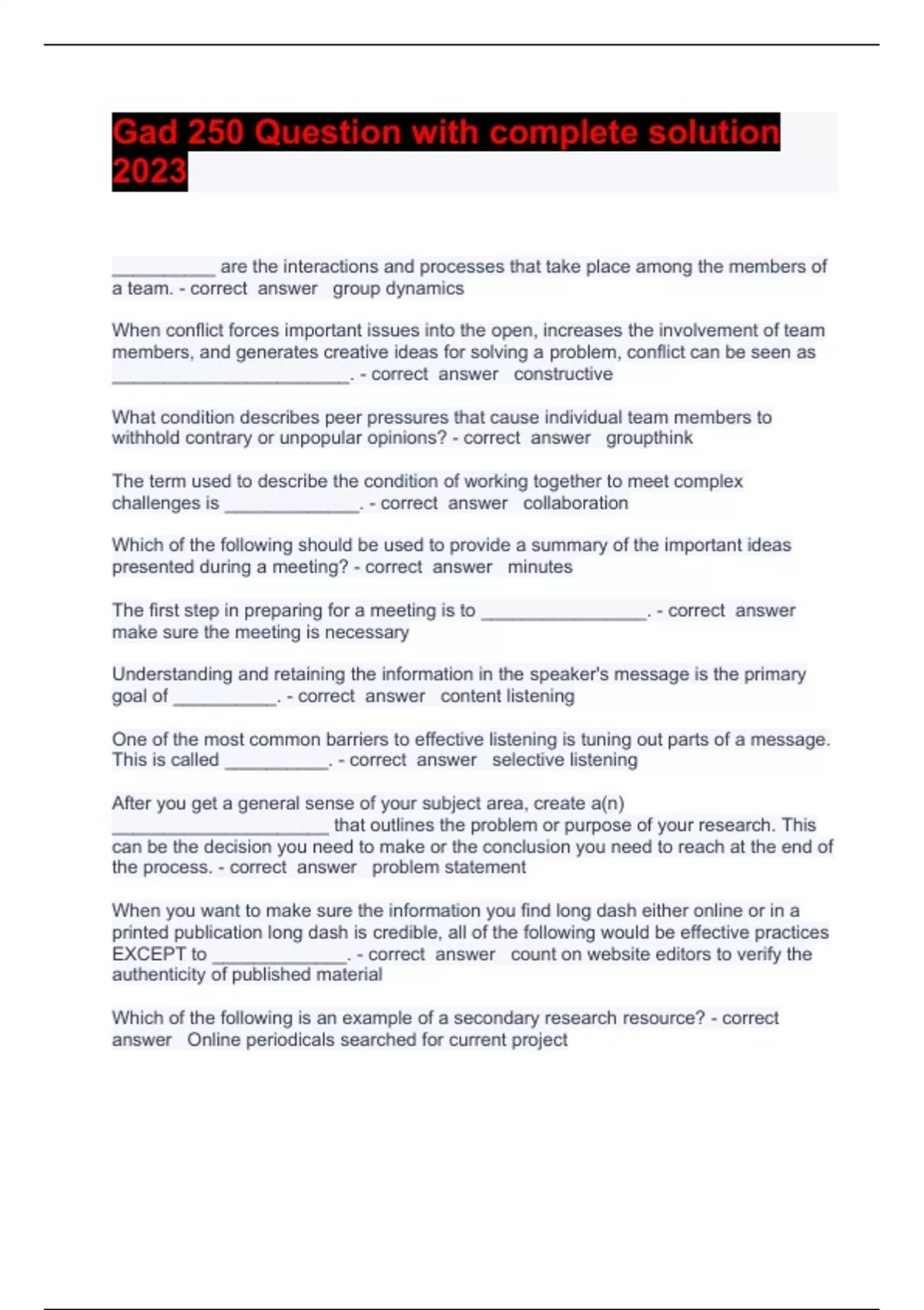 Gad 250 Question with complete solution 2023 - Gad 250 Question with ...