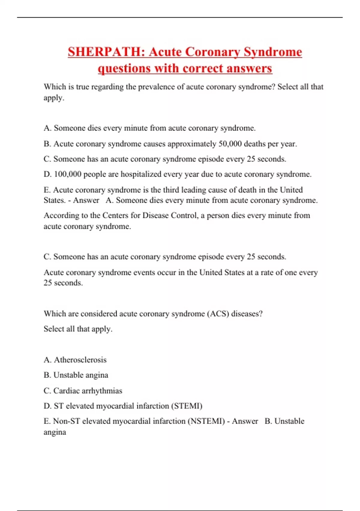 SHERPATH: Acute Coronary Syndrome questions with correct answers ...