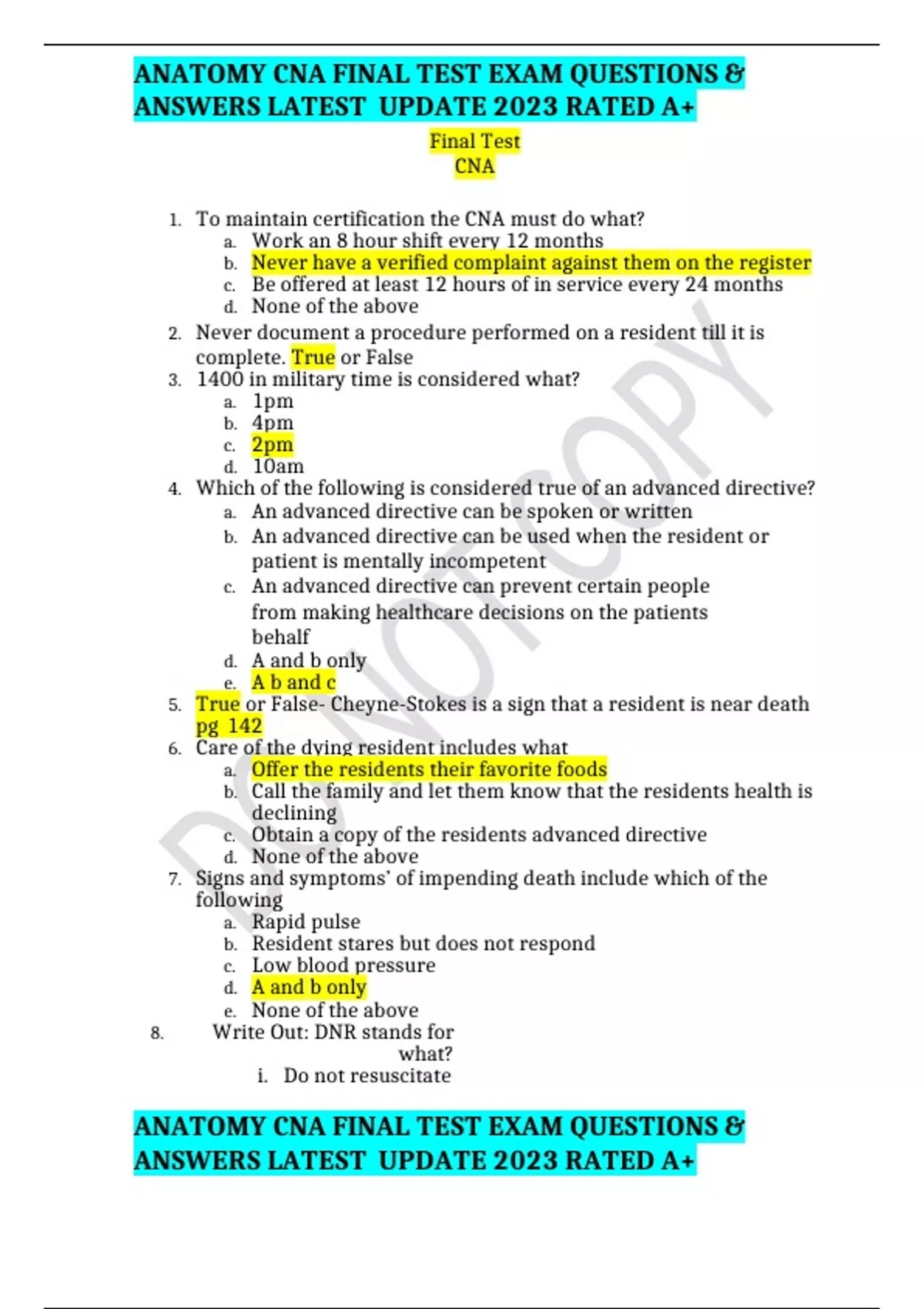 ANATOMY CNA FINAL TEST EXAM QUESTIONS & ANSWERS LATEST UPDATE 2023 ...