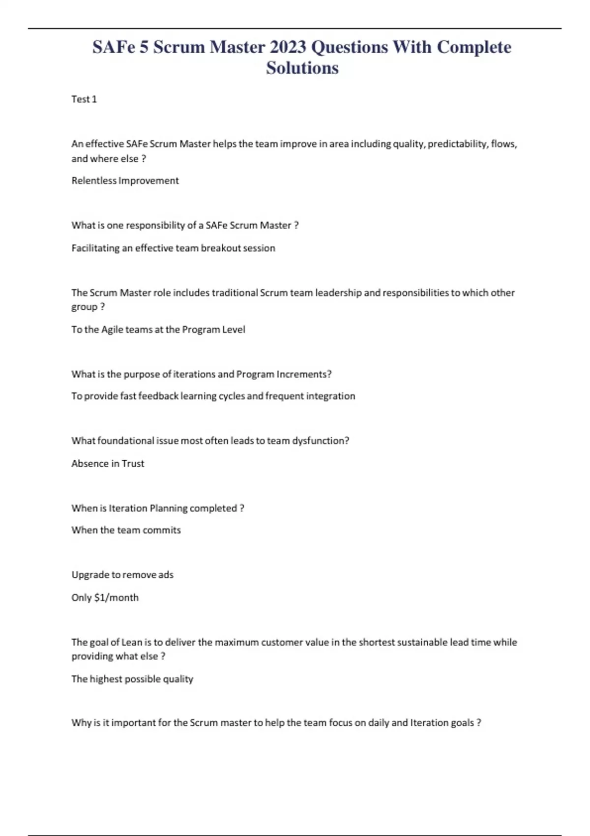 SAFe 5 Scrum Master 2023 Questions With Complete Solutions - NUR 2063 ...