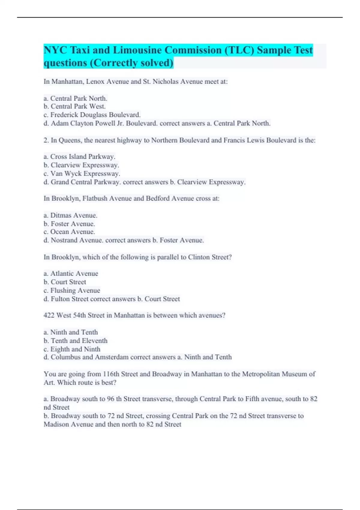 NYC Taxi and Limousine Commission (TLC) Sample Test questions ...