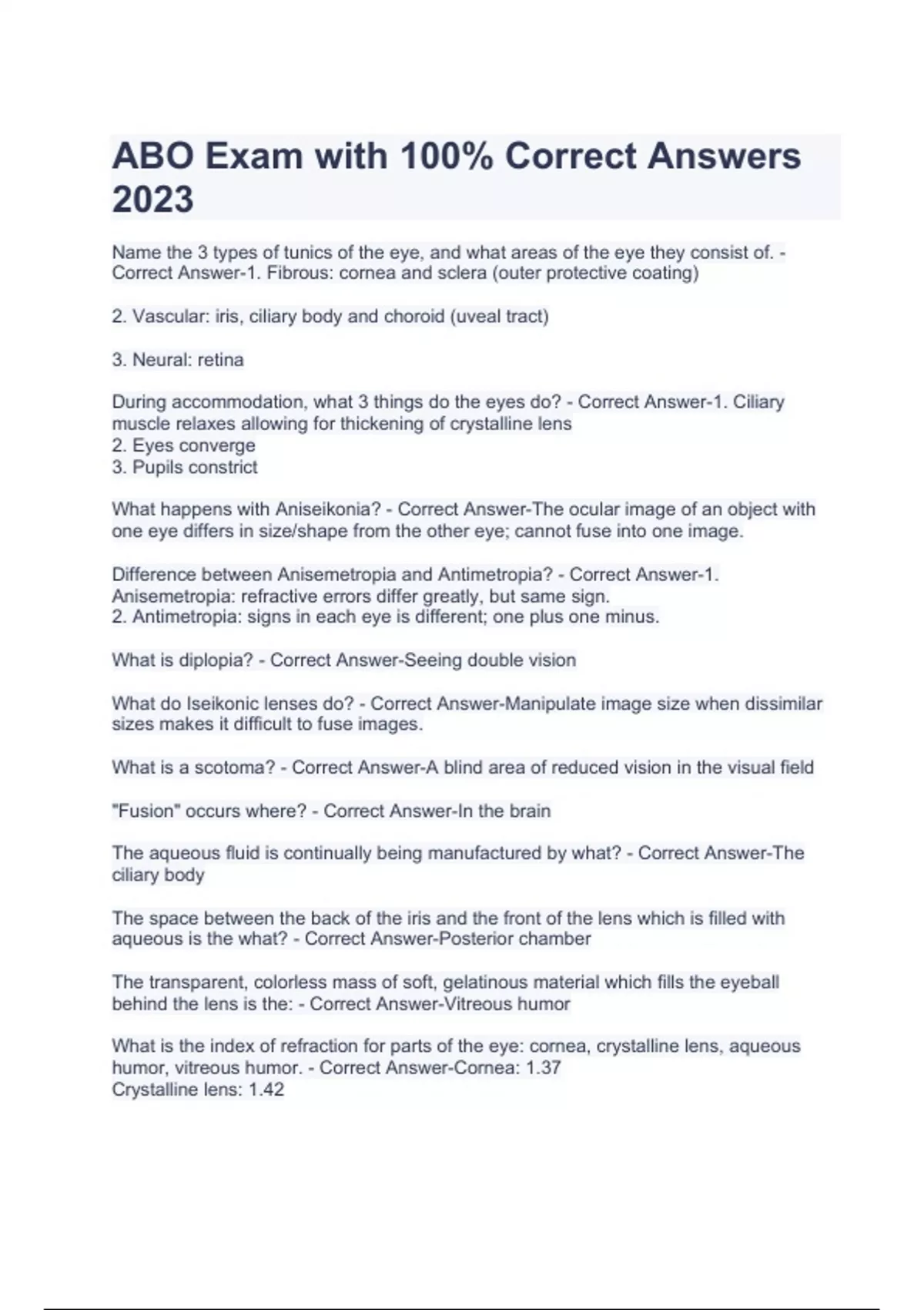 ABO Exam with 100% Correct Answers 2023. - ABO - Stuvia US