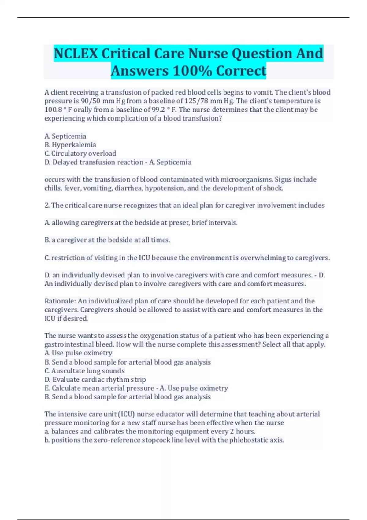 NCLEX Critical Care Nurse Question And Answers 100% Correct - Critical ...
