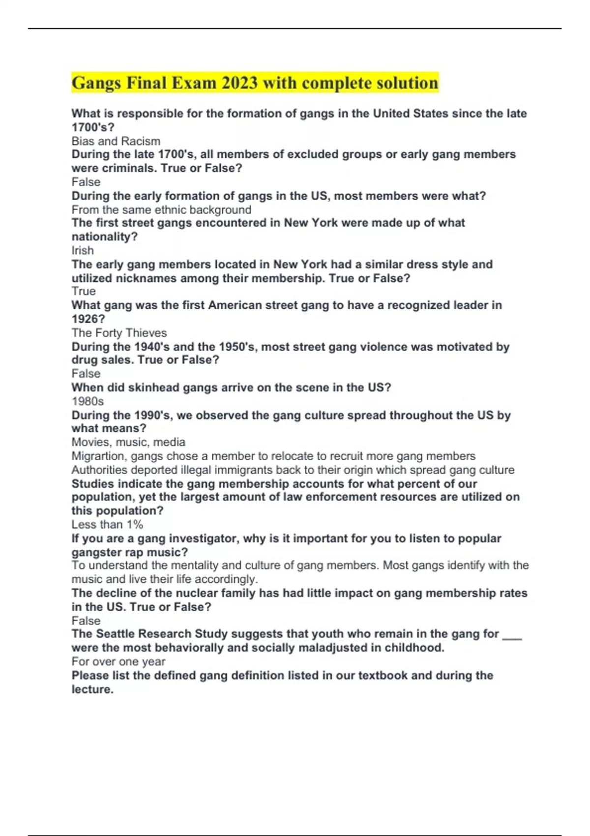 Gangs Final Exam 2023 with complete solution - Gangs - Stuvia US
