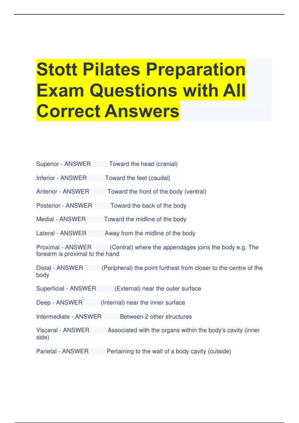 Bundle For Stott Pilates Exam Questions with Complete Solutions - Stuvia US