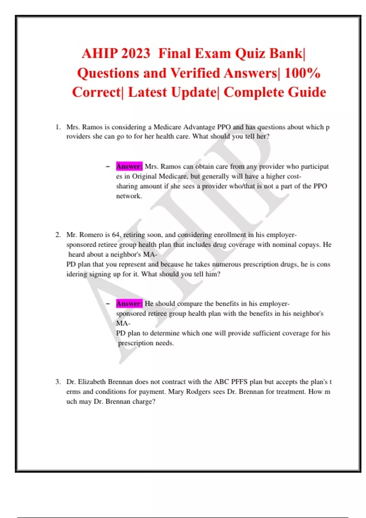 AHIP 2023 Final Exam Quiz Bank| Questions and Verified Answers| 100% ...