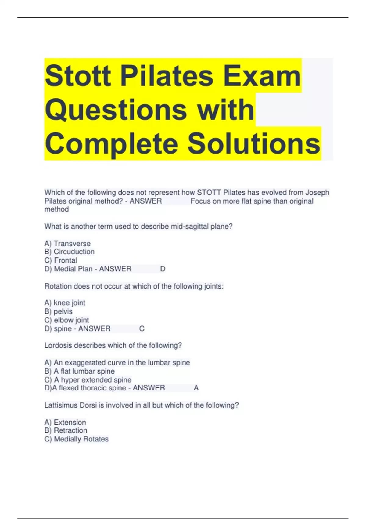 Stott Pilates Exam Questions with Complete Solutions - Stott Pilates ...