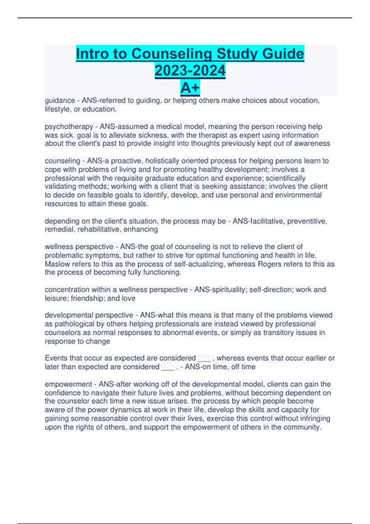 Intro to Counseling Study Guide A+ - Intro to Counseling Study Guid ...
