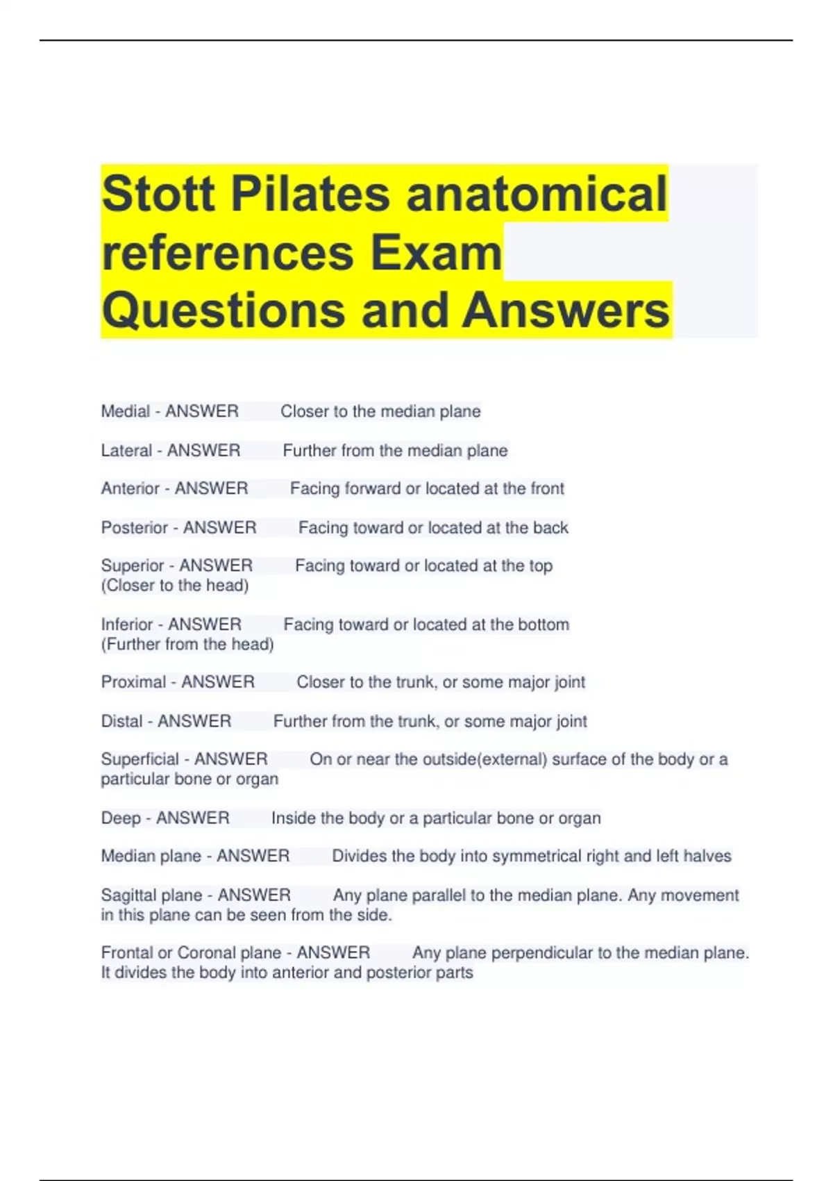Stott Pilates anatomical references Exam Questions and Answers - Stott ...