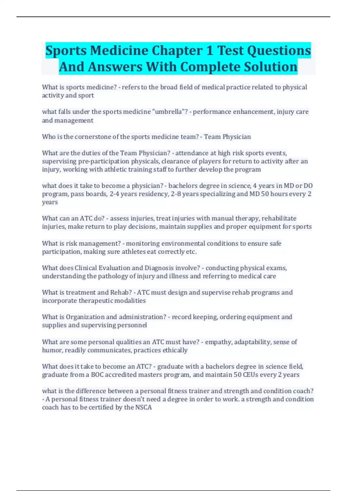 Sports Medicine Chapter 1 Test Questions And Answers With Complete ...