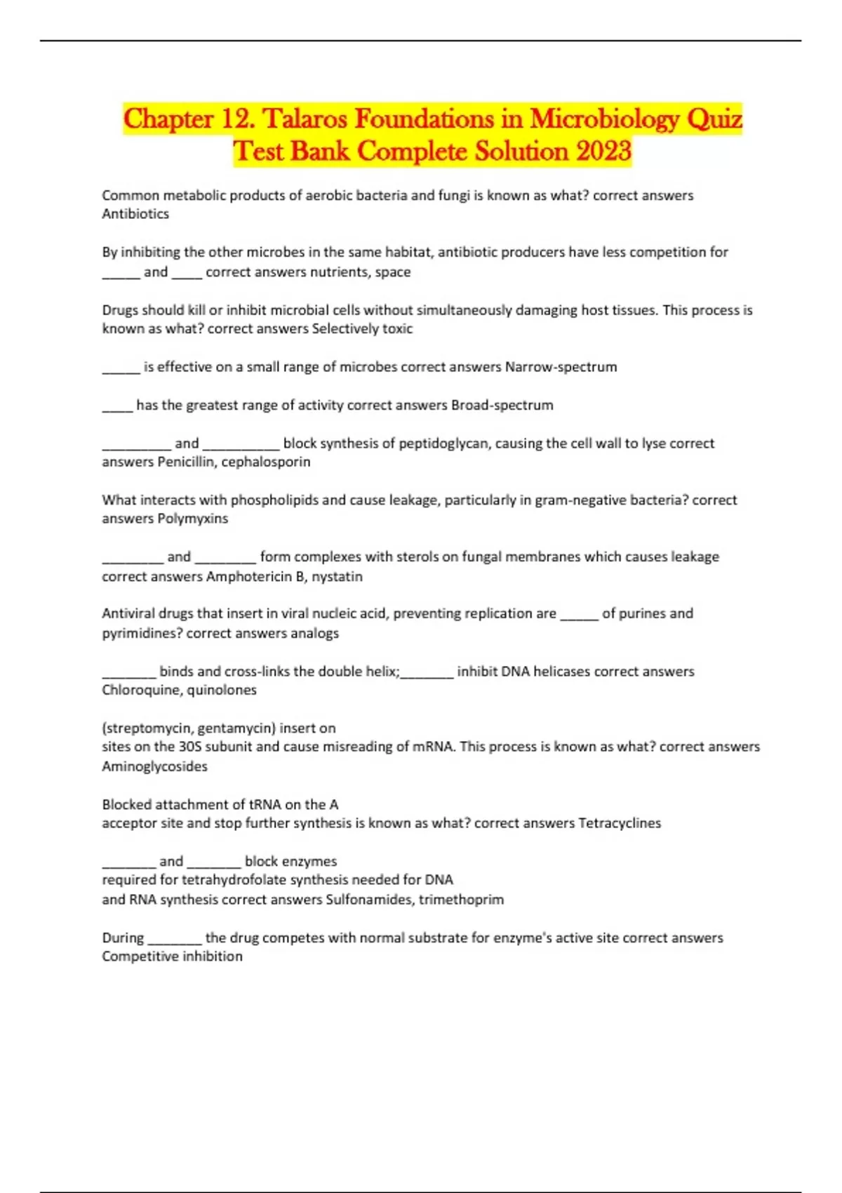 Chapter 12 Talaros Foundations in Microbiology Quiz Test Bank Complete ...