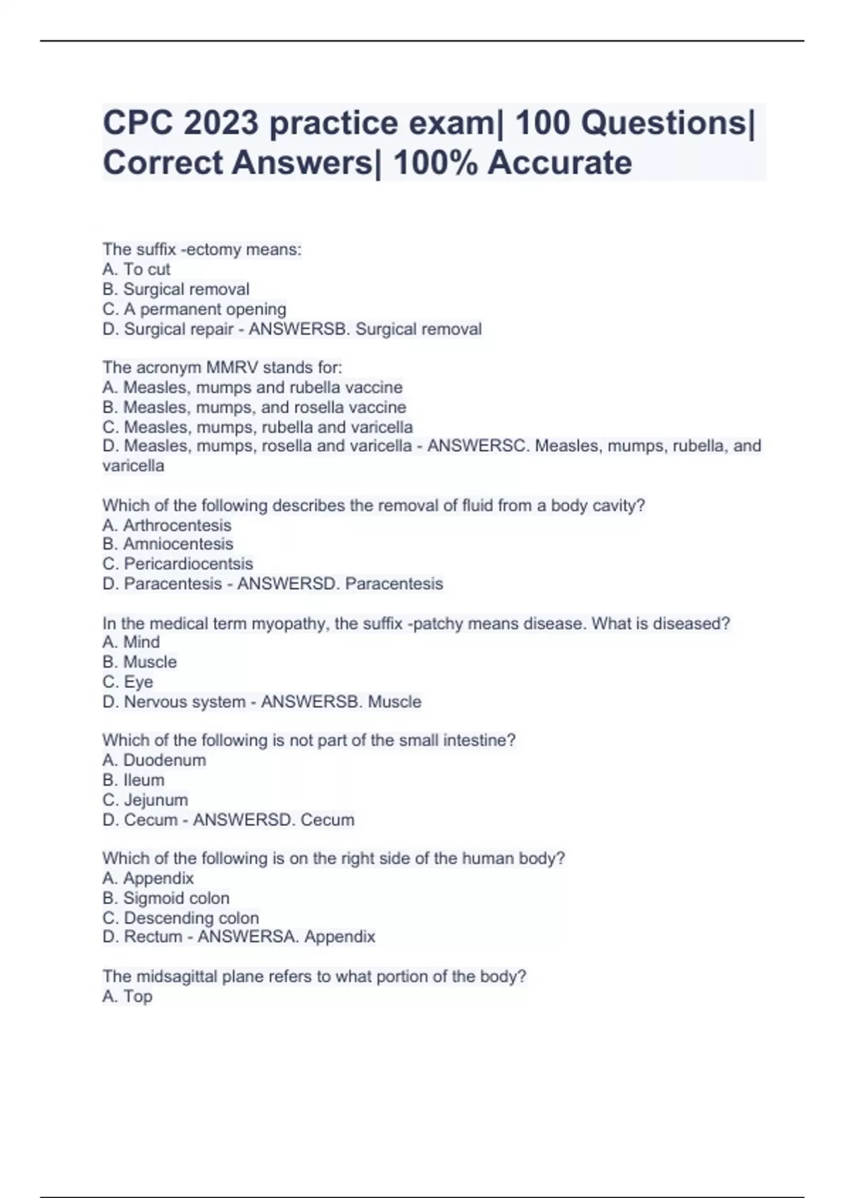 CPC 2023 practice exam| 100 Questions| Correct Answers| 100% Accurate ...