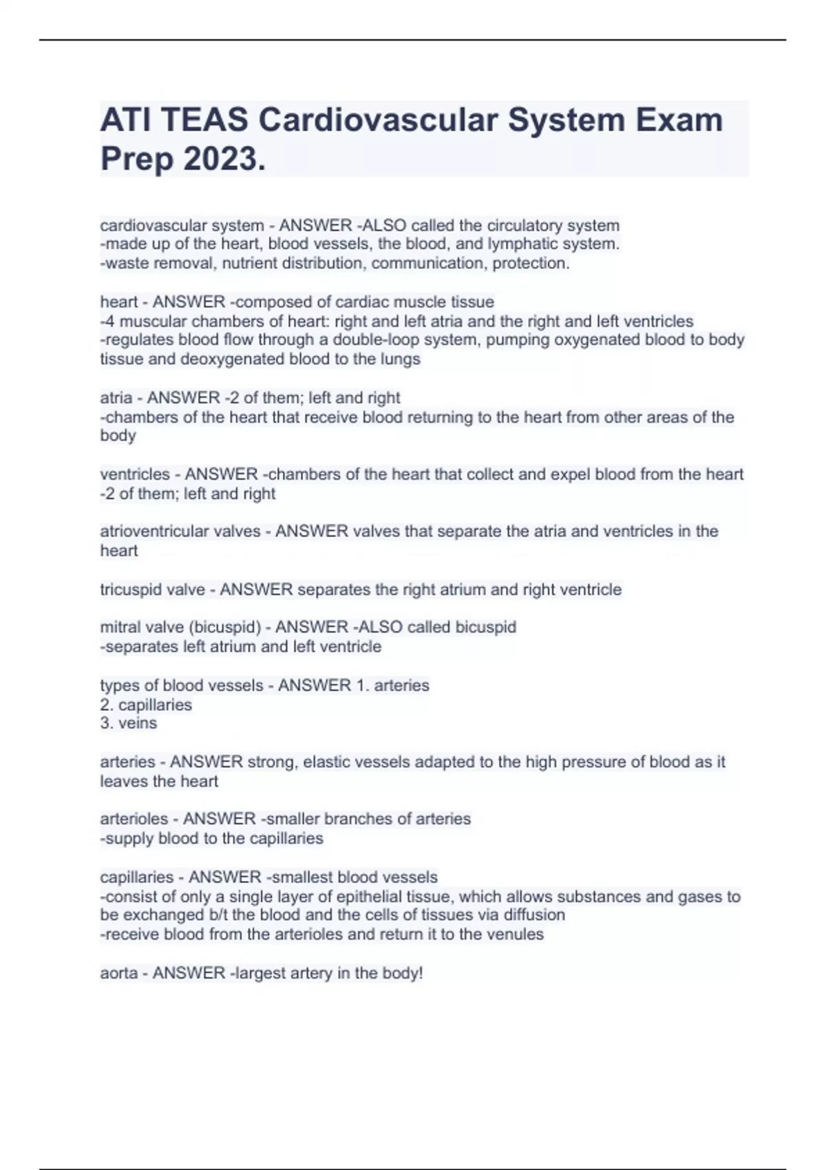 ATI TEAS Cardiovascular System Exam Prep 2023 - ATI TEAS - Stuvia US