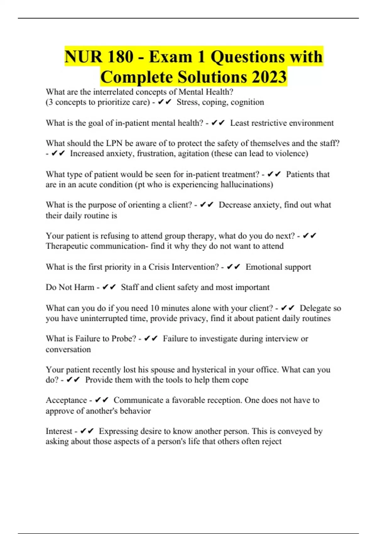 NUR 180 - Exam 1 Questions with Complete Solutions 2023 - NUR 180 ...