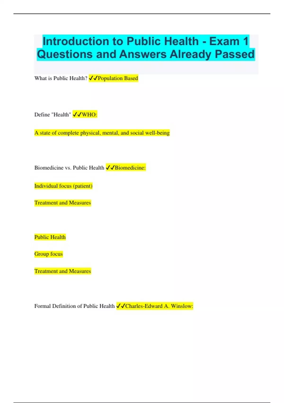 Introduction to Public Health - Exam 1 Questions and Answers Already ...