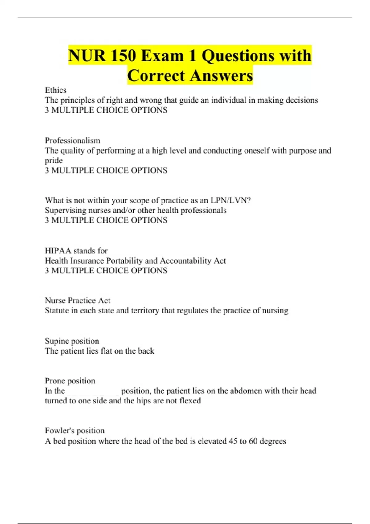 NUR 150 Exam 1 Questions with Correct Answers - NUR 150 - Stuvia US