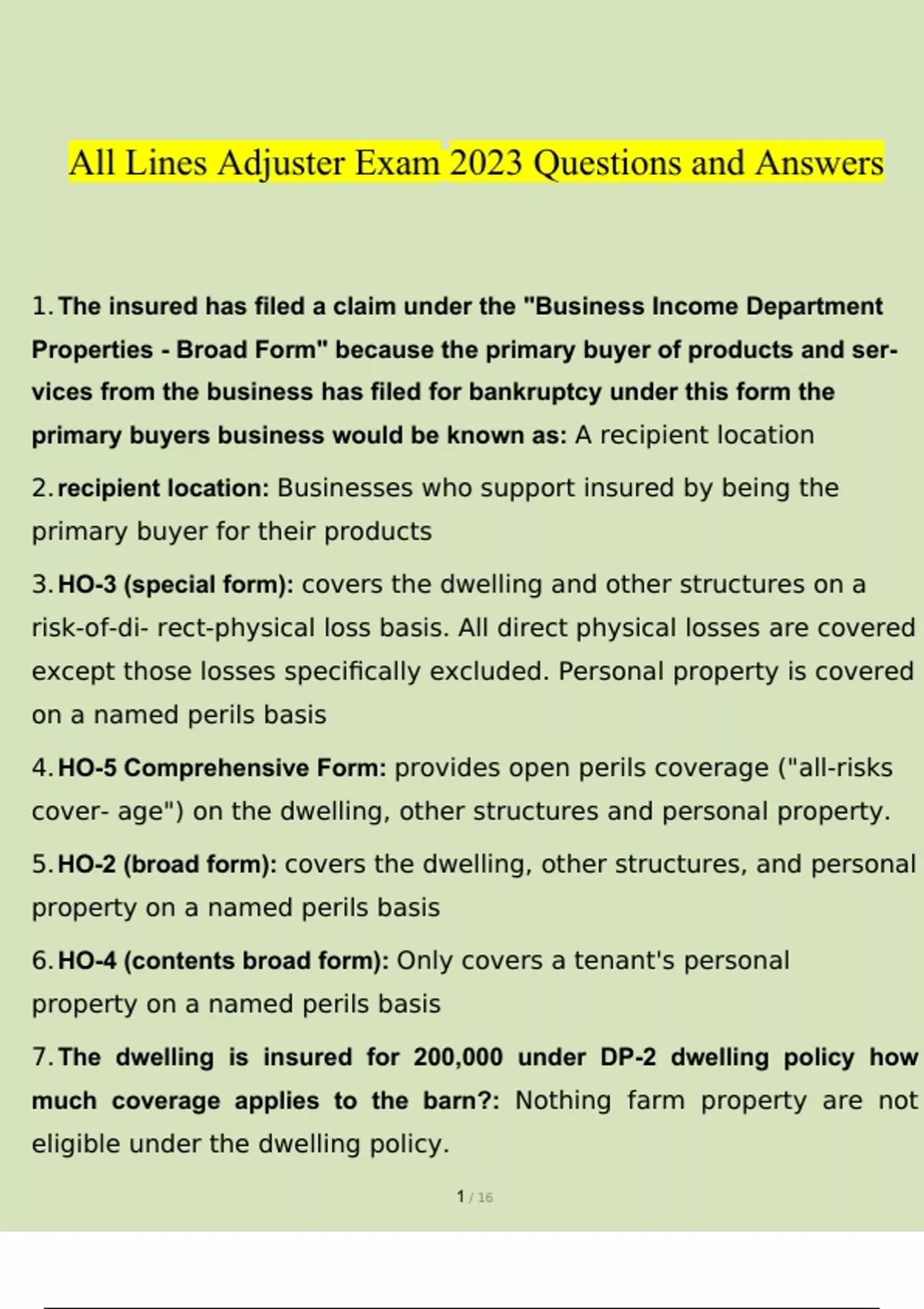 All Lines Adjuster Exam. questions verified with 100% correct answers ...