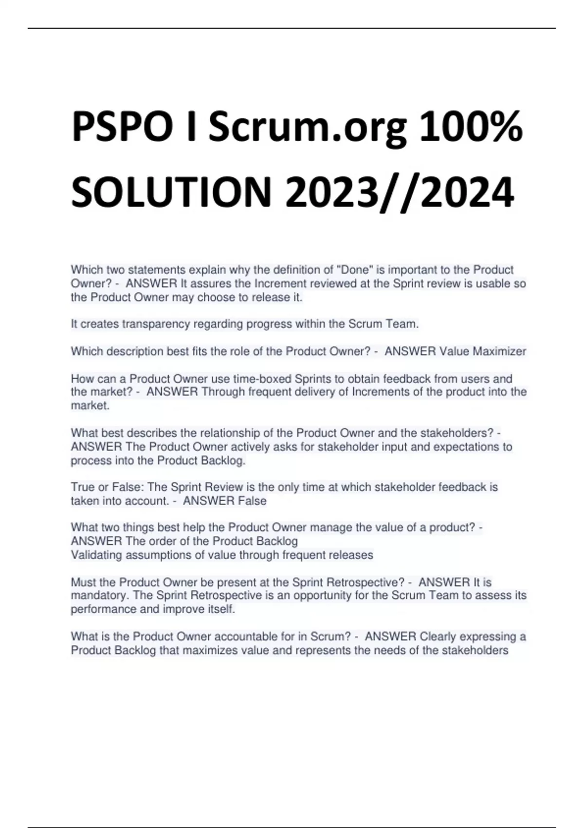 PSPO I Scrum.org 100% SOLUTION 2023//2024 - PSPO I Scrum.org - Stuvia US