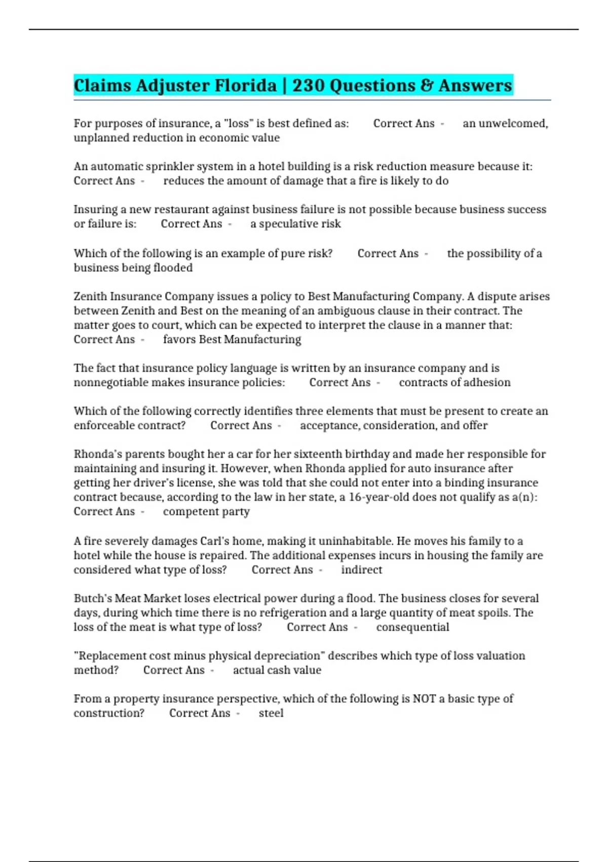 Claims Adjuster Florida: Questions With Correct Answers - Claims ...