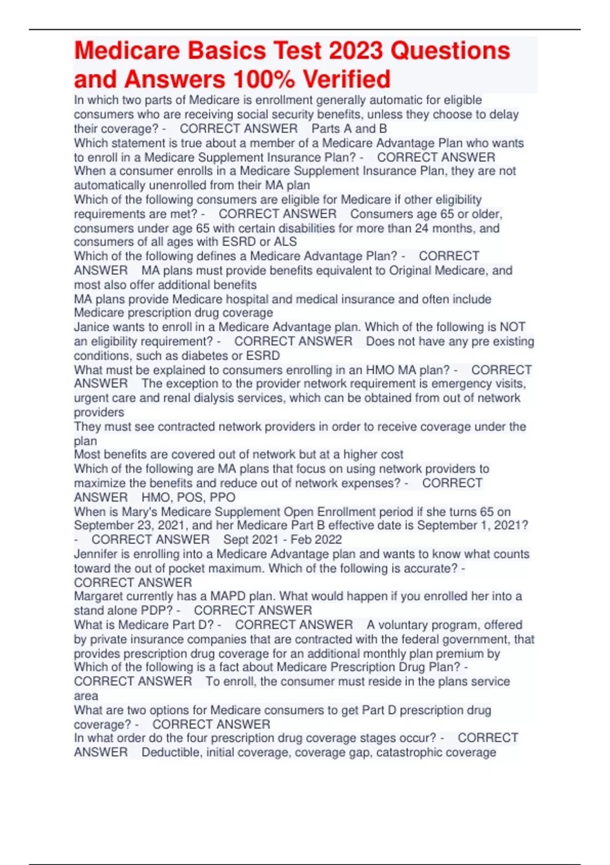 Medicare Basics Test 2023 Questions and Answers 100% Verified ...