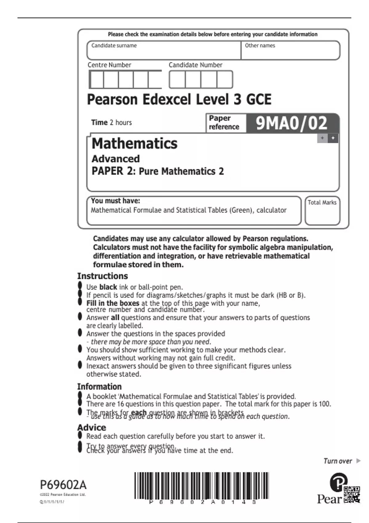 A-Level Edexcel 2022 Pure Mathematics Paper 2 - Pure maths - Stuvia UK