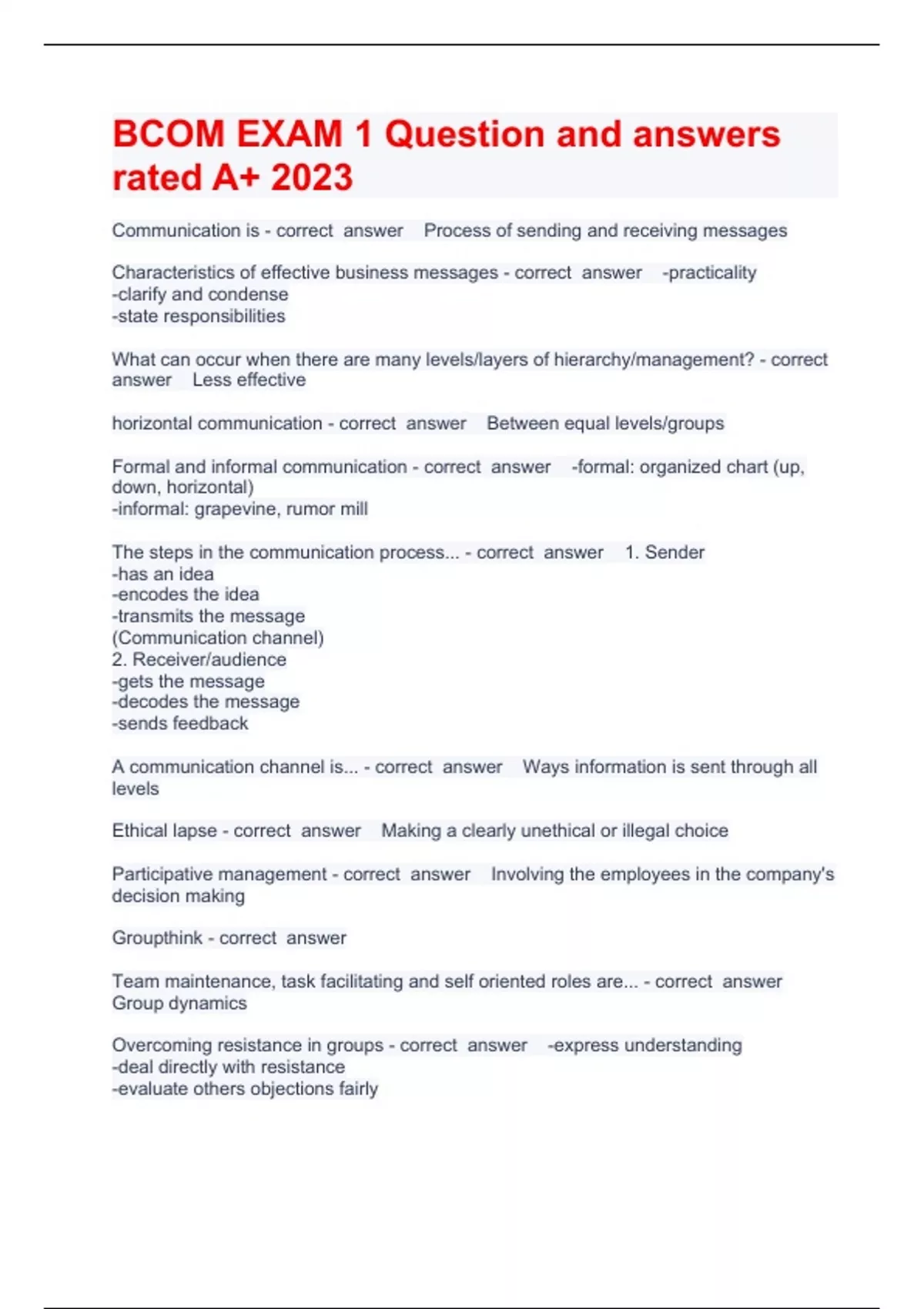 BCOM EXAM 1 Question and answers rated A+ 2023 - BCOM - Stuvia US