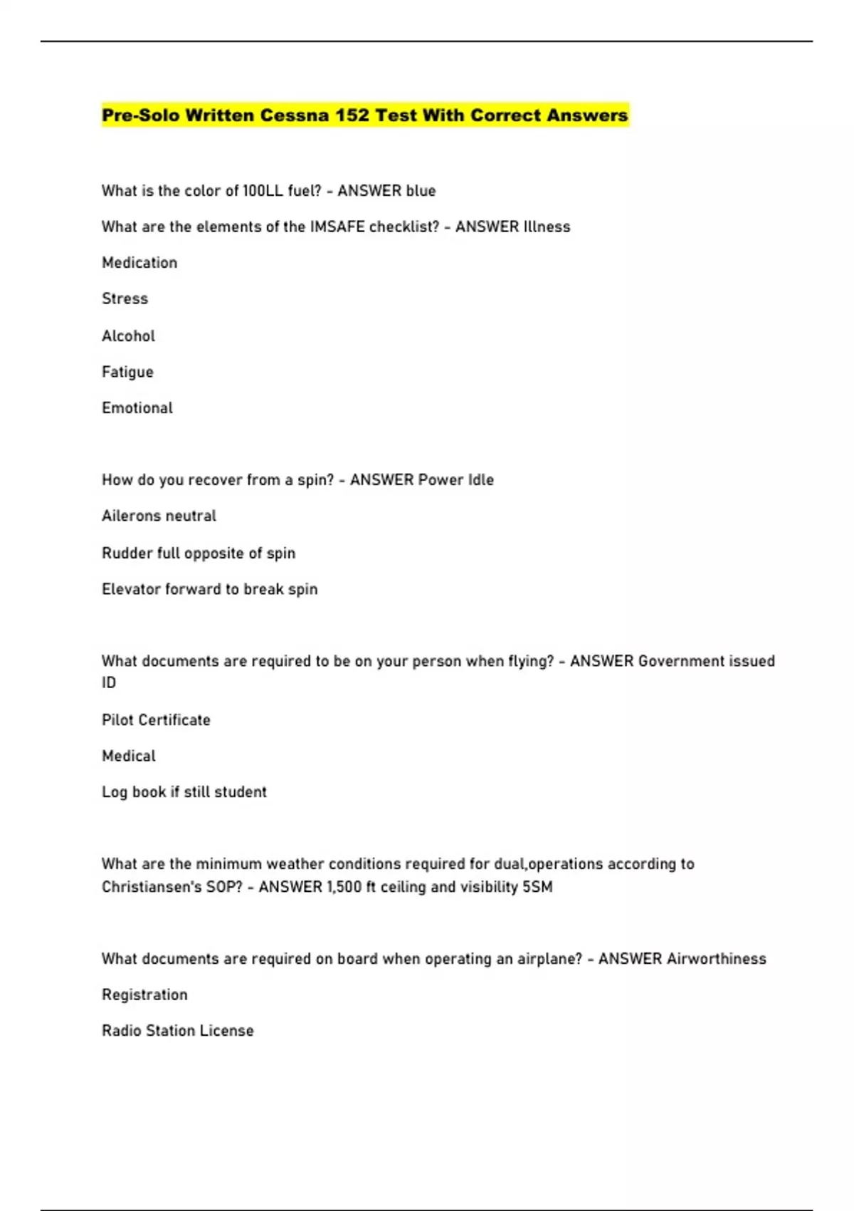 Pre-Solo Written Cessna 152 Test With Correct Answers - Pre-Solo ...