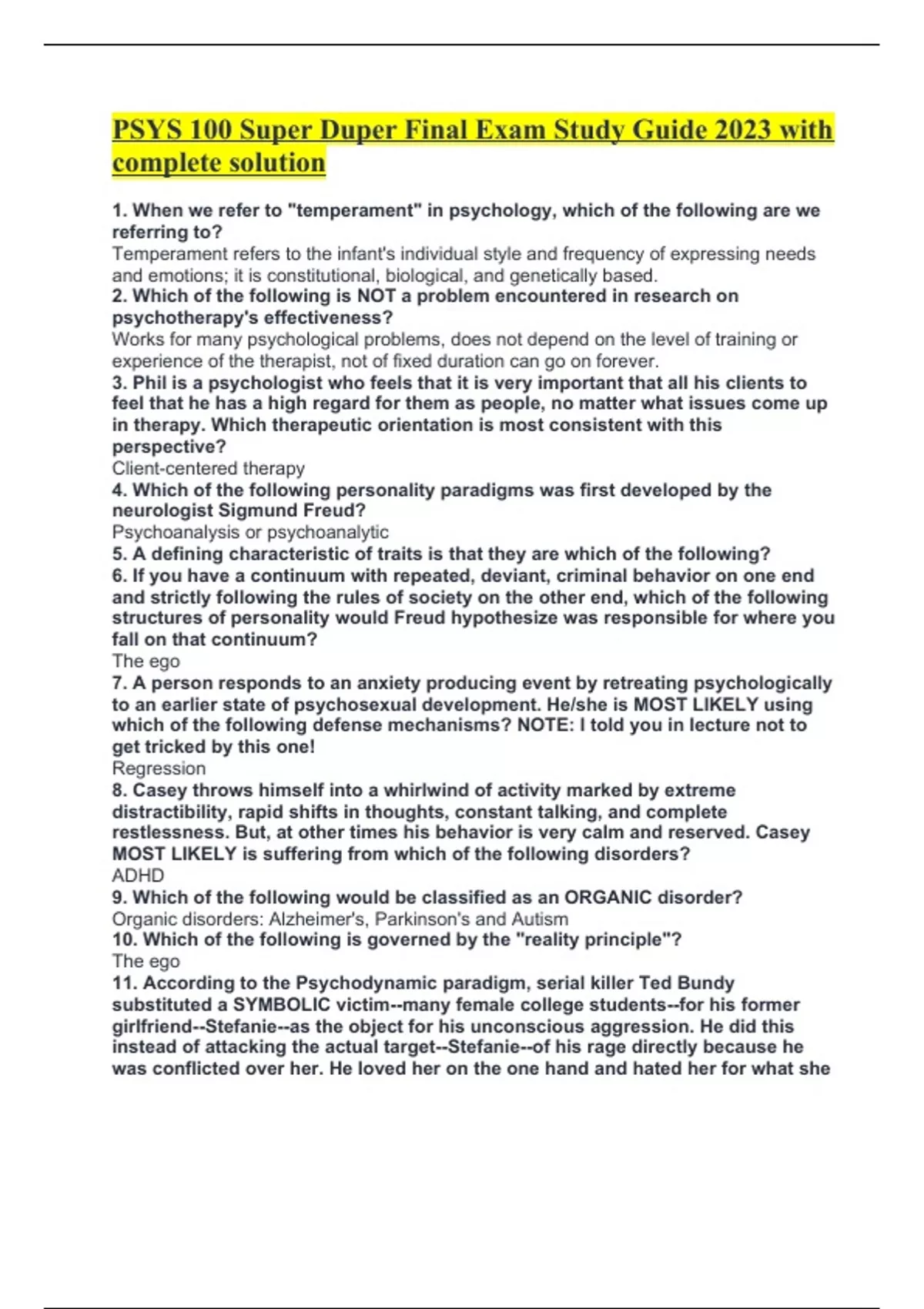 PSYS 100 Super Duper Final Exam Study Guide 2023 with complete solution ...