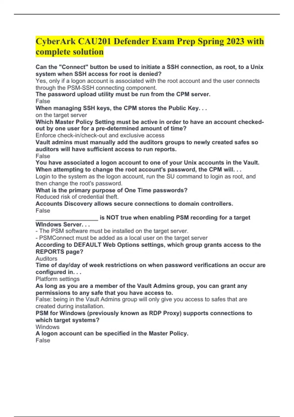 CyberArk CAU201 Defender Exam Prep Spring 2023 with complete solution ...