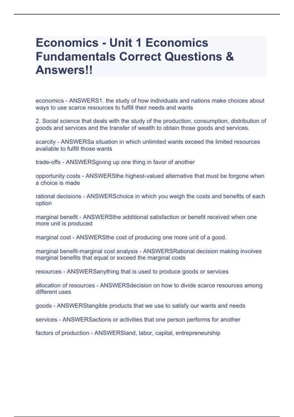Economics - Unit 1 Economics Fundamentals Correct Questions & Answers ...
