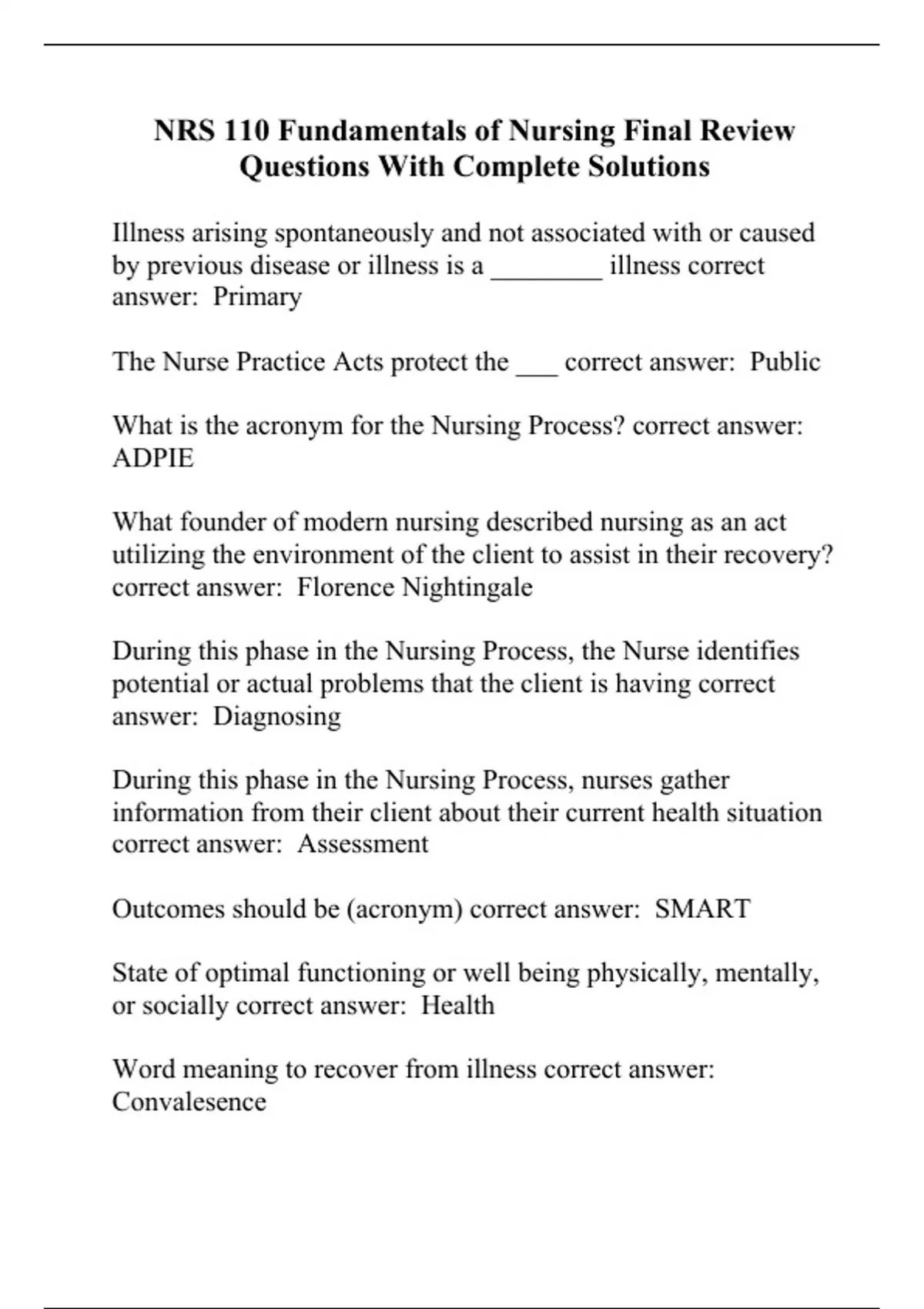 NRS 110 Fundamentals of Nursing Final Review Questions With Complete ...