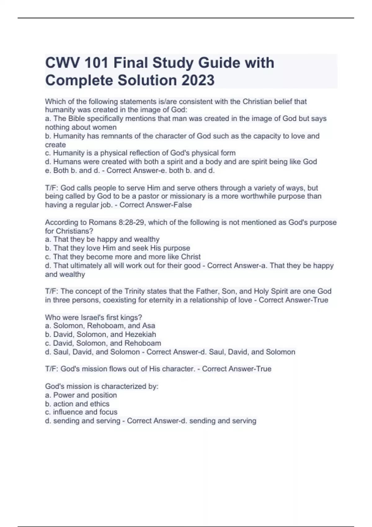 CWV 101 Final Study Guide with Complete Solution 2023 - CWV 101 - Stuvia US
