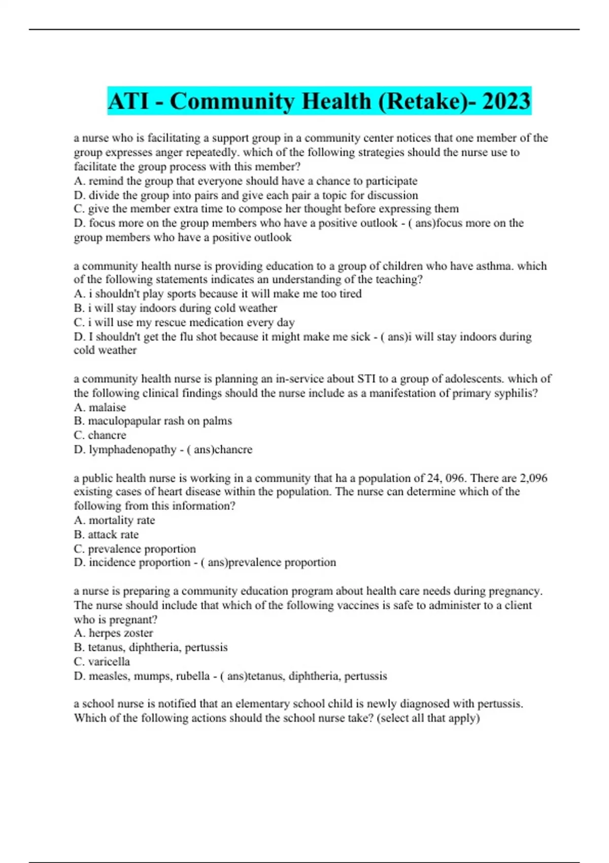 ATI - Community Health (Retake)- 2023 - Community health - Stuvia US