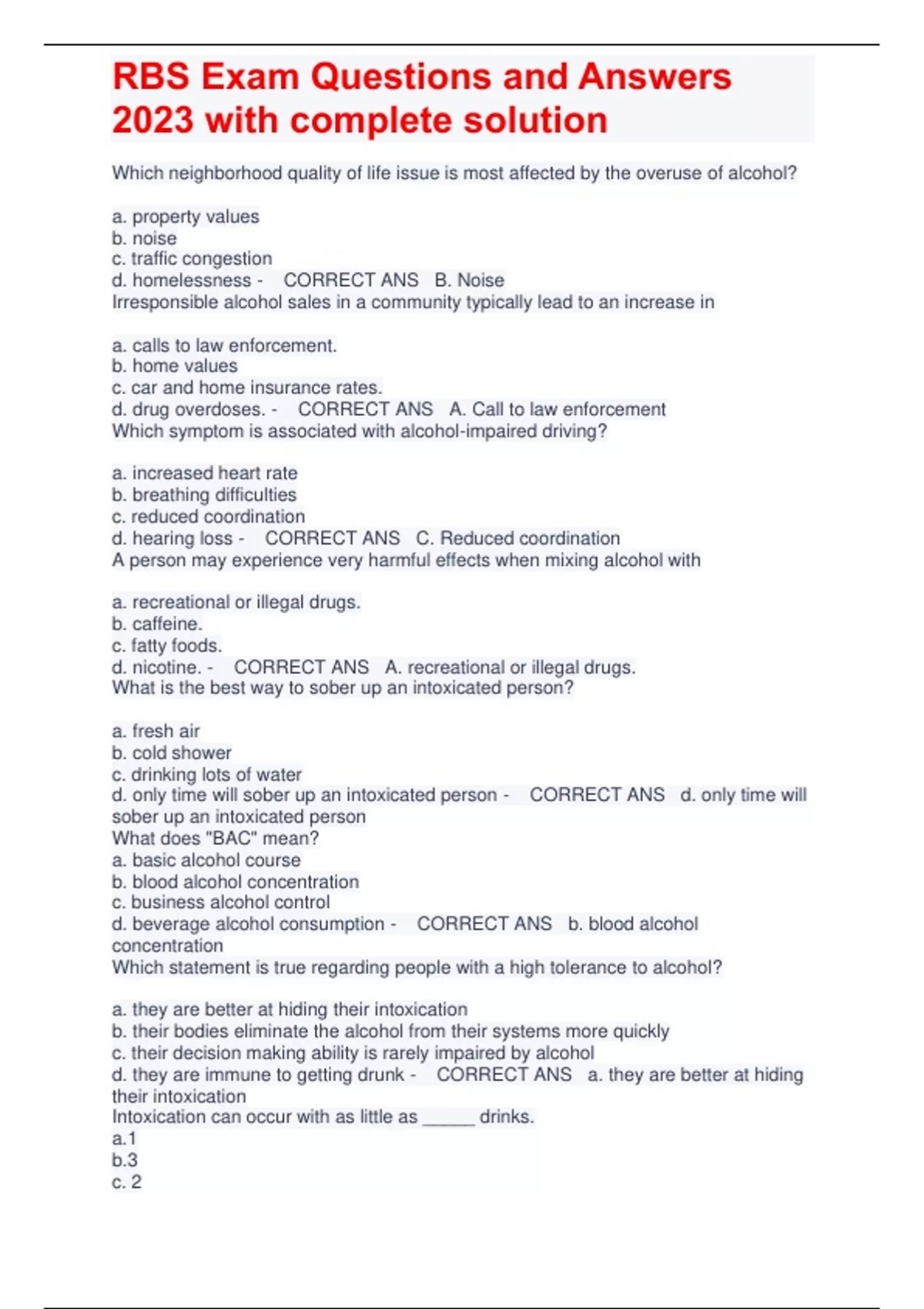 RBS Exam Questions and Answers 2023 with complete solution - RBS - Alcoholic Beverage Control ...