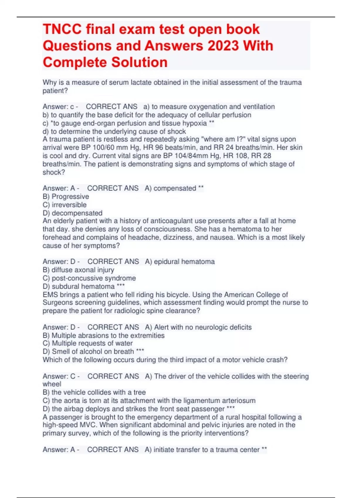 TNCC final exam test open book Questions and Answers 2023 With Complete ...