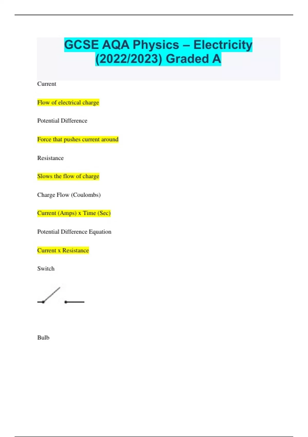 GCSE AQA Physics – Electricity (2022/2023) Graded A - GCSE AQA Physics ...