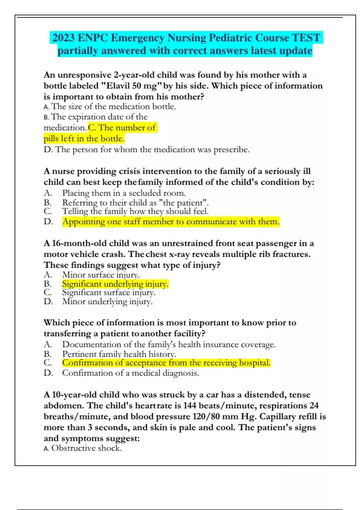 2023 ENPC Emergency Nursing Pediatric Course TEST partially answered ...