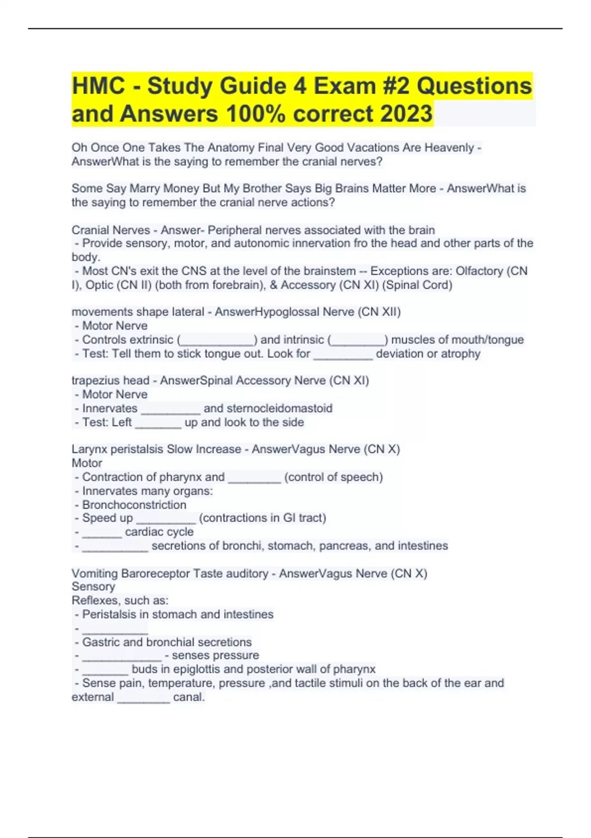 HMC - Study Guide 4 Exam #2 Questions and Answers 100% correct 2023 - HMC - Stuvia US