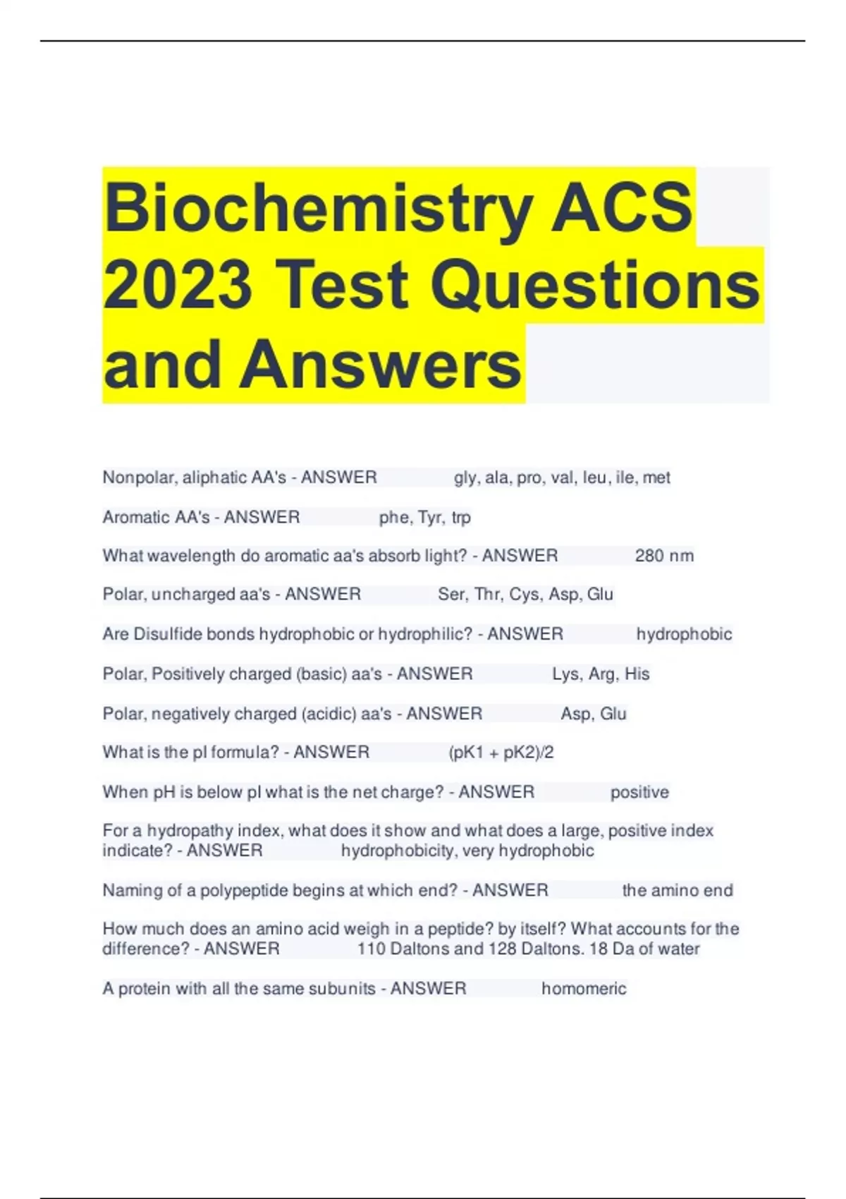 Biochemistry ACS 2023 Test Questions and Answers - Biochemistry ACS ...