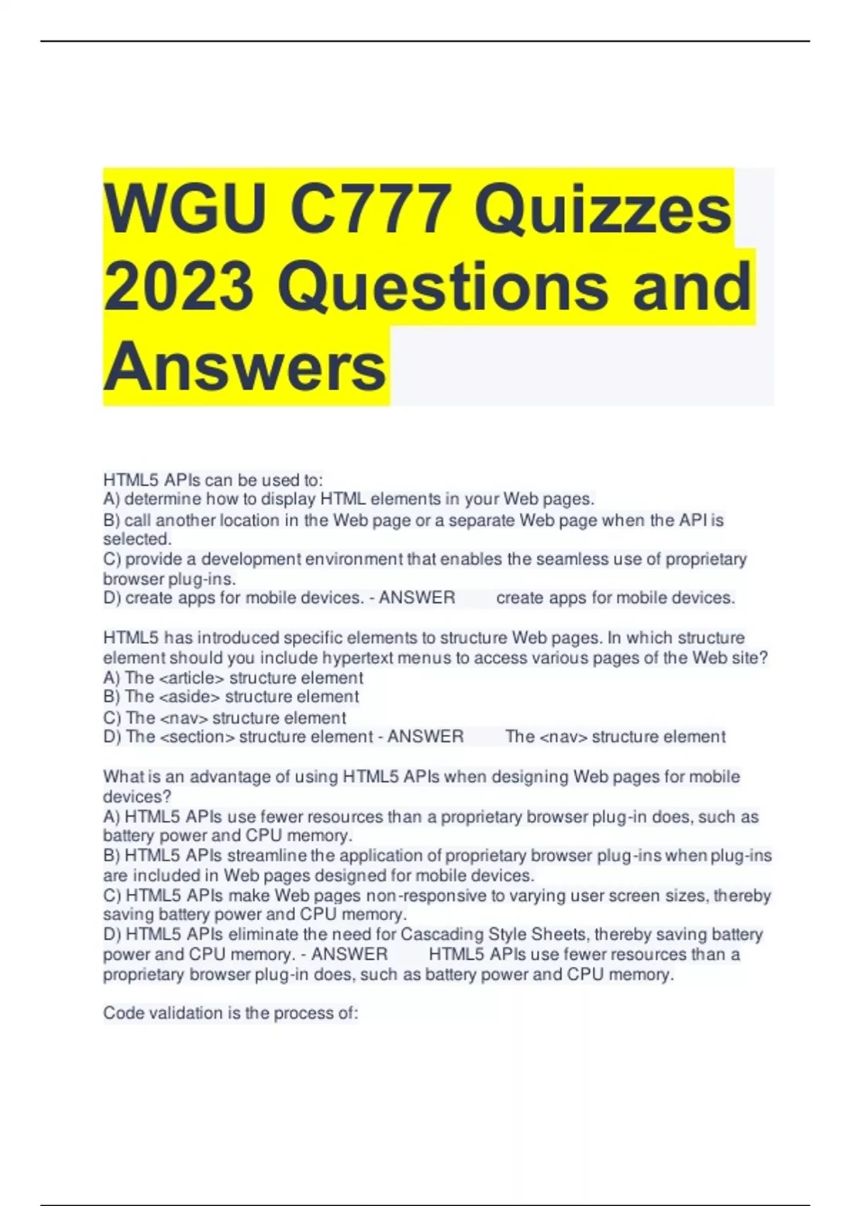 WGU C777 Quizzes 2023 Questions and Answers - WGU C777 - Stuvia US