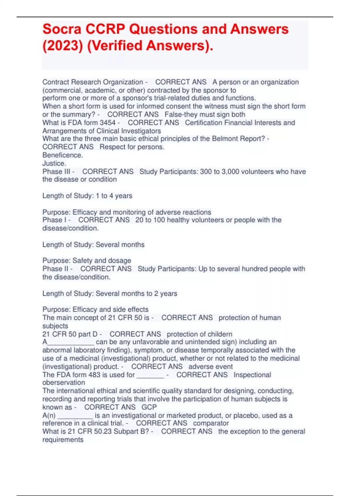 Socra CCRP Questions and Answers (2023) (Verified Answers). - Socra ...