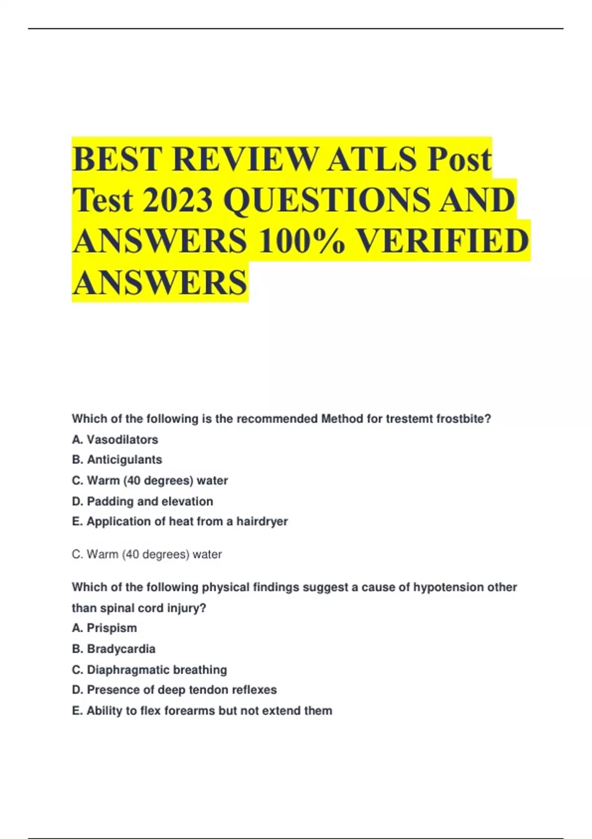 BEST REVIEW ATLS Post Test 2023 QUESTIONS AND ANSWERS 100% VERIFIED ...